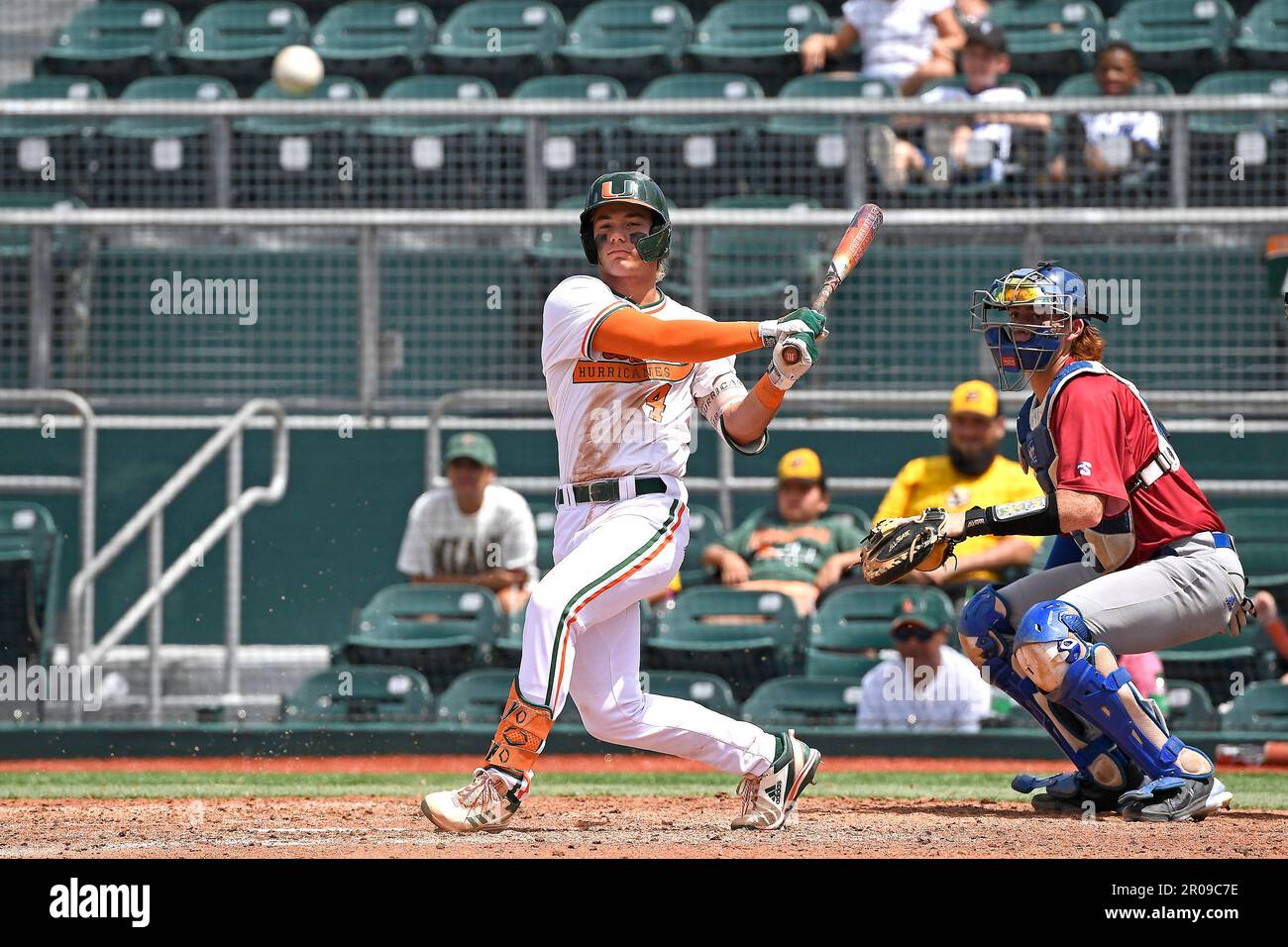 CORAL GABLES, FL - MAY 05: Miami infielder Blake Cyr (4) bats in the ...