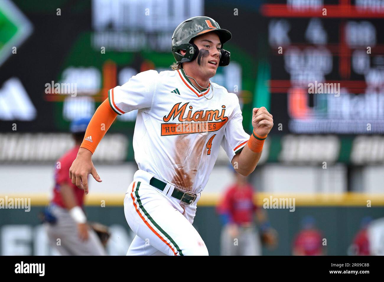 CORAL GABLES, FL - MAY 05: Miami infielder Blake Cyr (4) runs home in ...