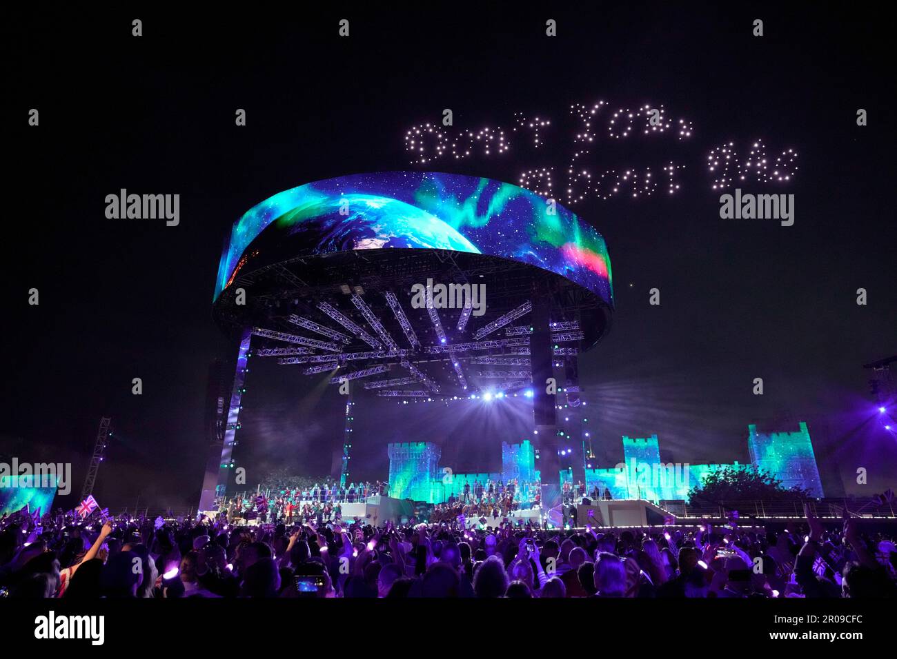A drone display during a concert at Windsor Castle in Windsor, England, Sunday, May 7, 2023 ...