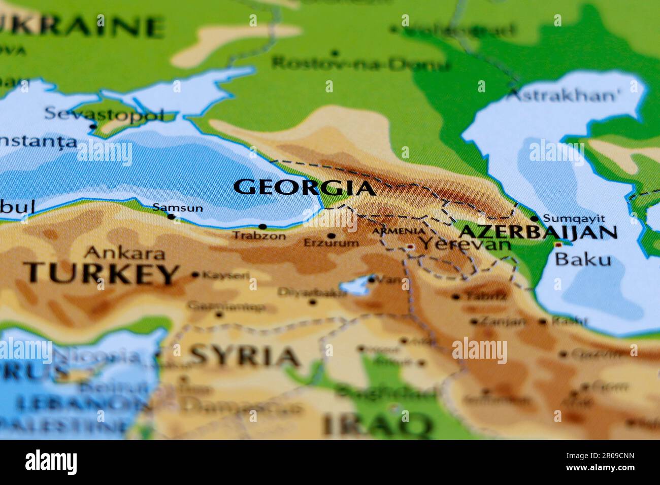 close up of a world map with europe georgia and azerbaijan in focus ...