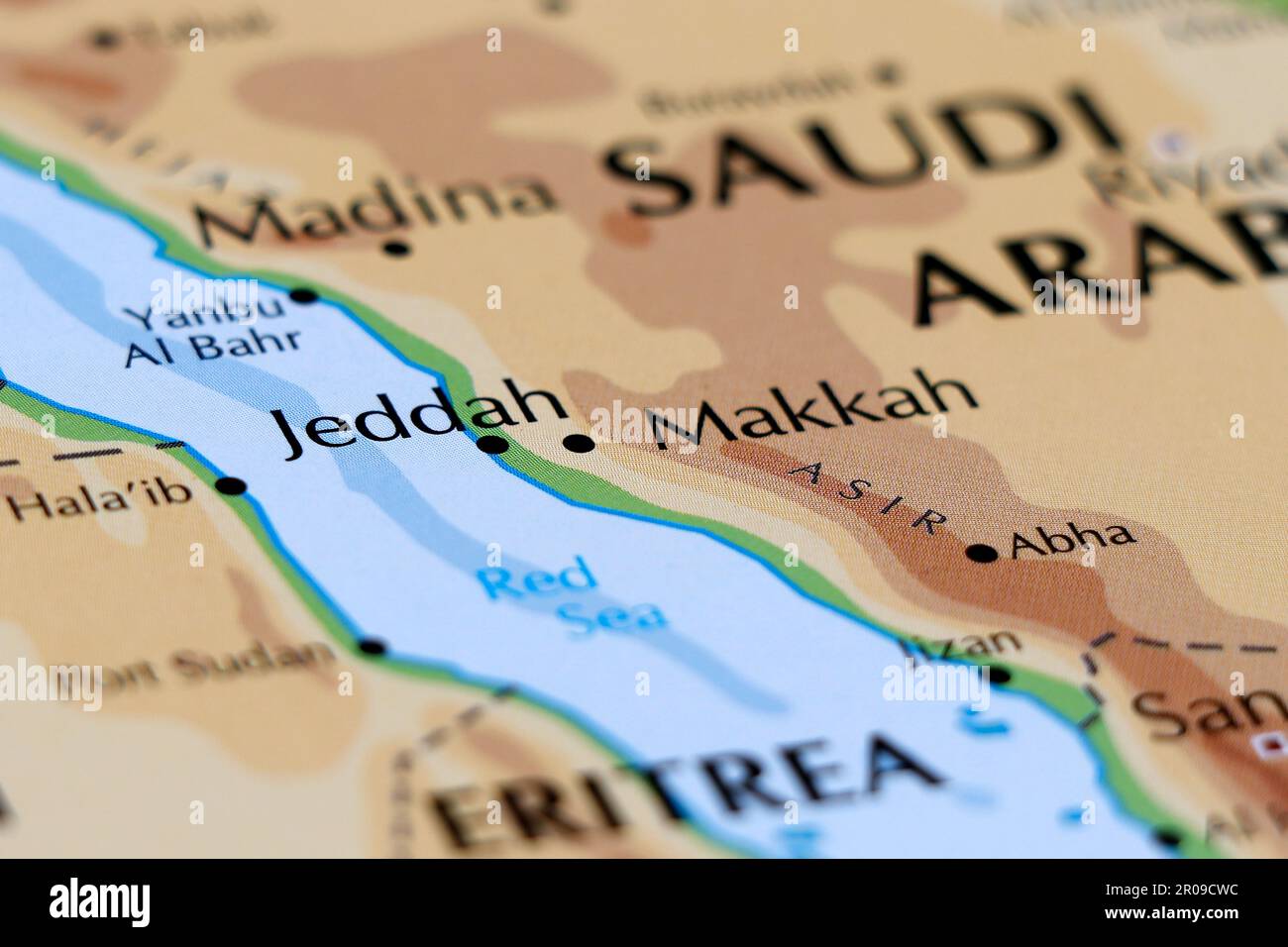 close up of a world map with saudi arabia jeddah makkah madina in focus ...