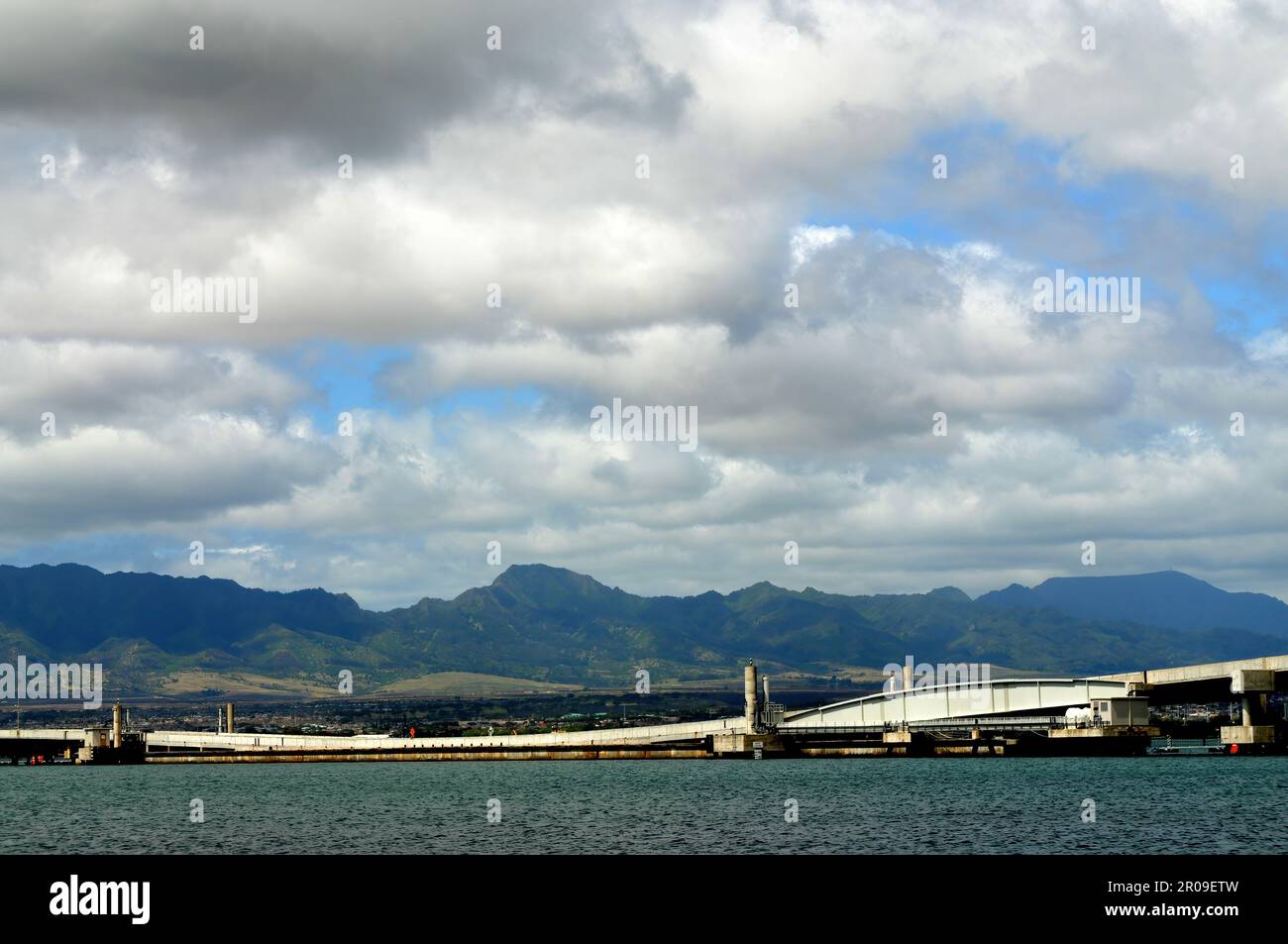 Ford Island bridge under cloudy skies Pearl Harbor Hawaii Stock Photo ...