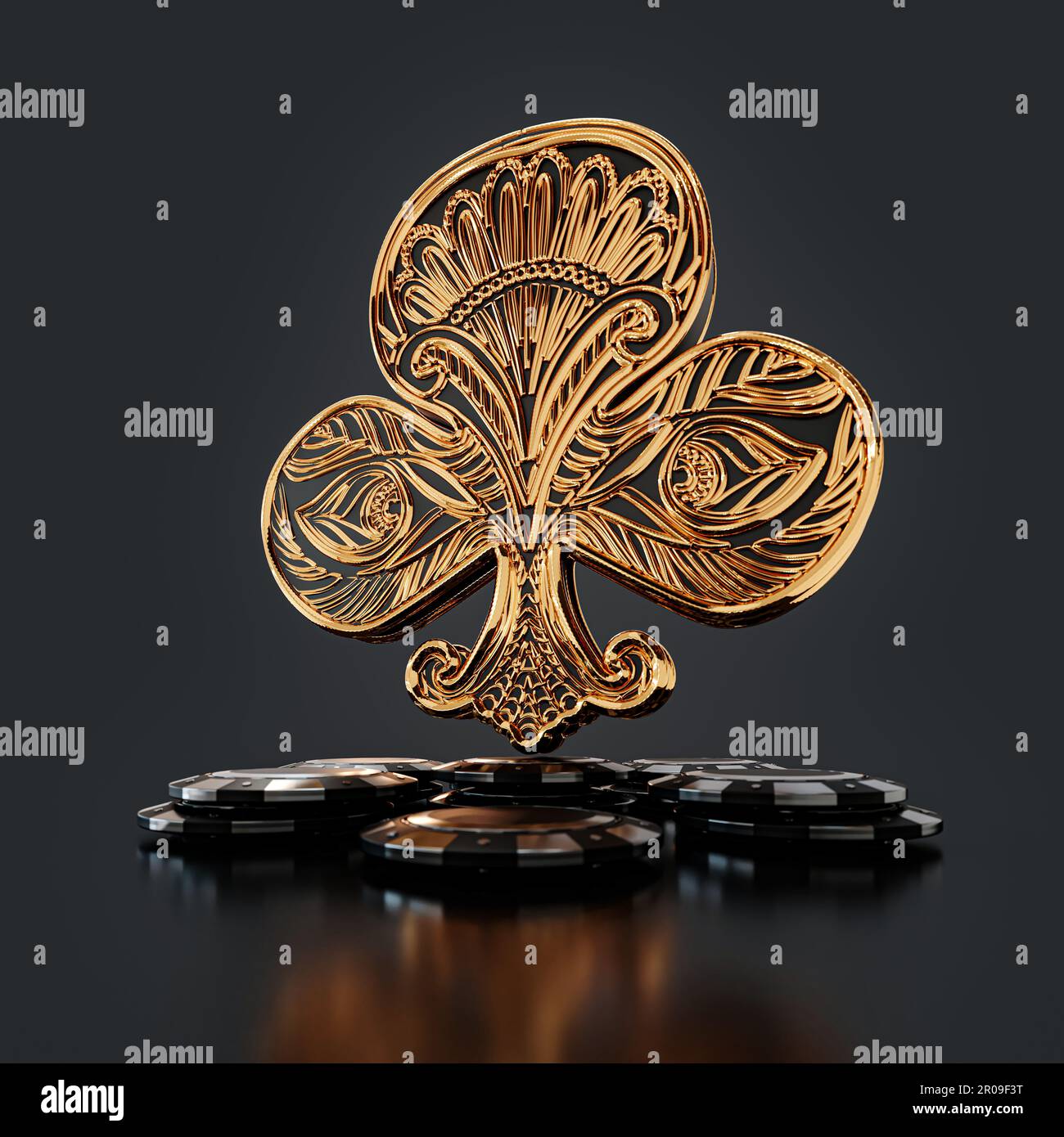 Ace and poker chips, stack of silver poker chips under gold play card ...