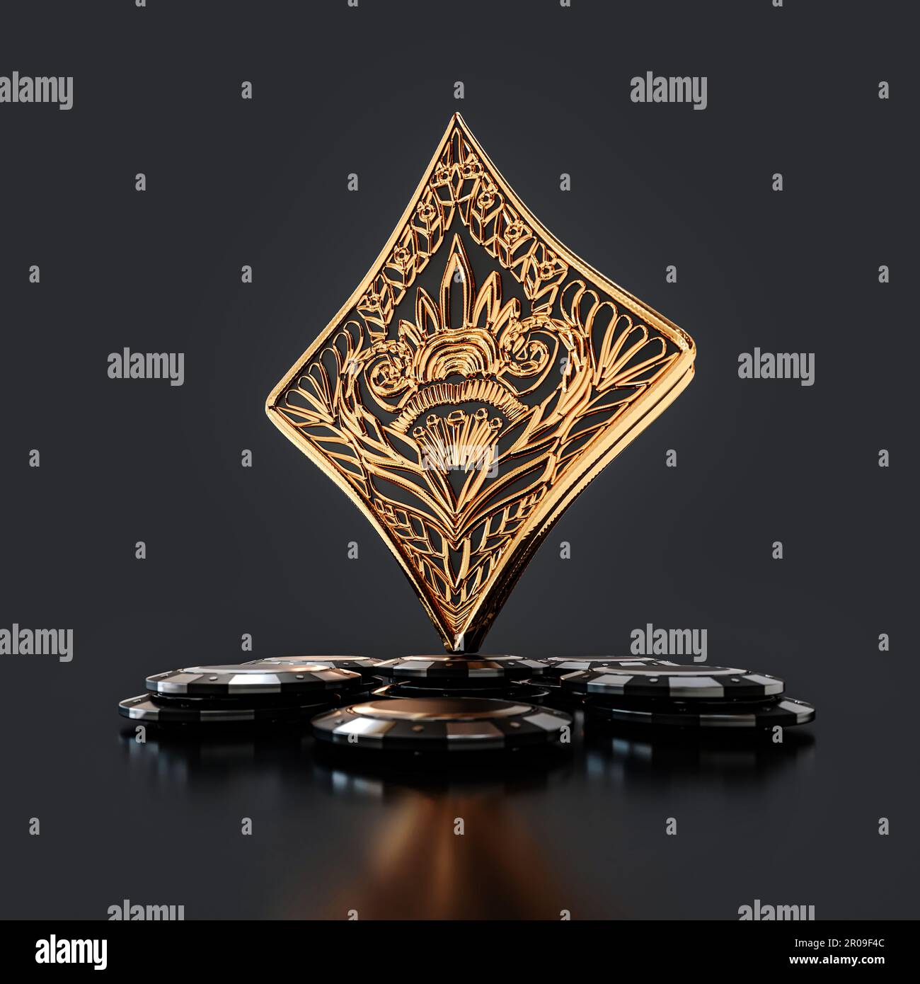 Ace and poker chips, stack of silver poker chips under gold play card ...