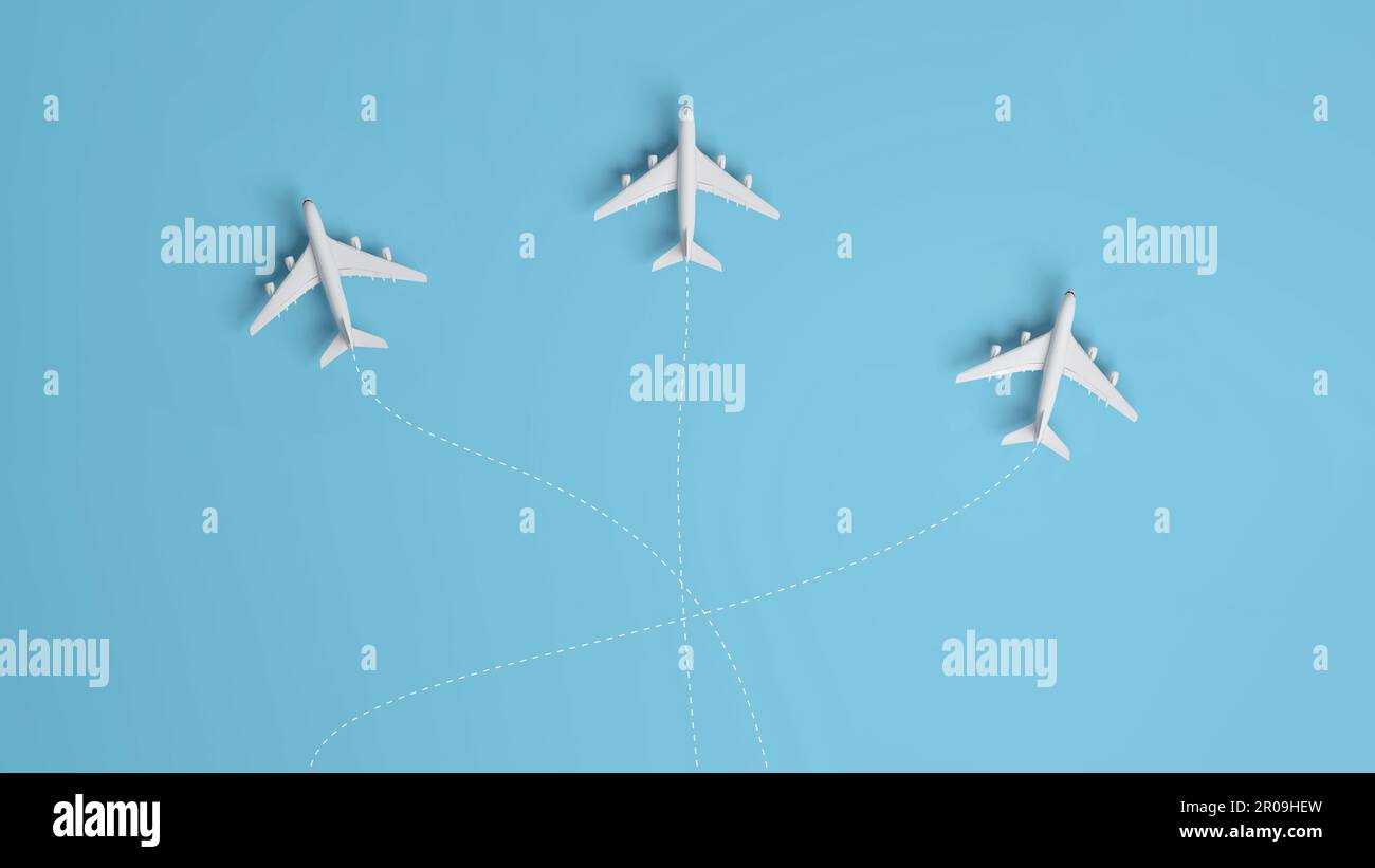 Aircraft travelling to different destinations on blue background and ...