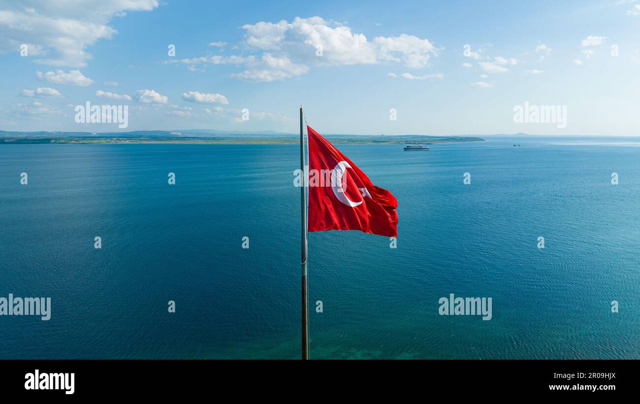 Turkish flag. Red Turkish flag waving on the sea Stock Photo - Alamy