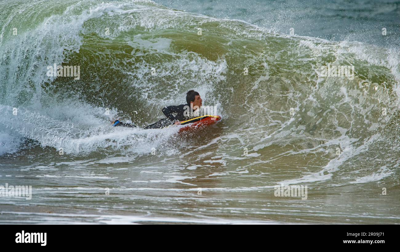 Surfers braving the waves at Knight's Beach, South Australia Stock ...