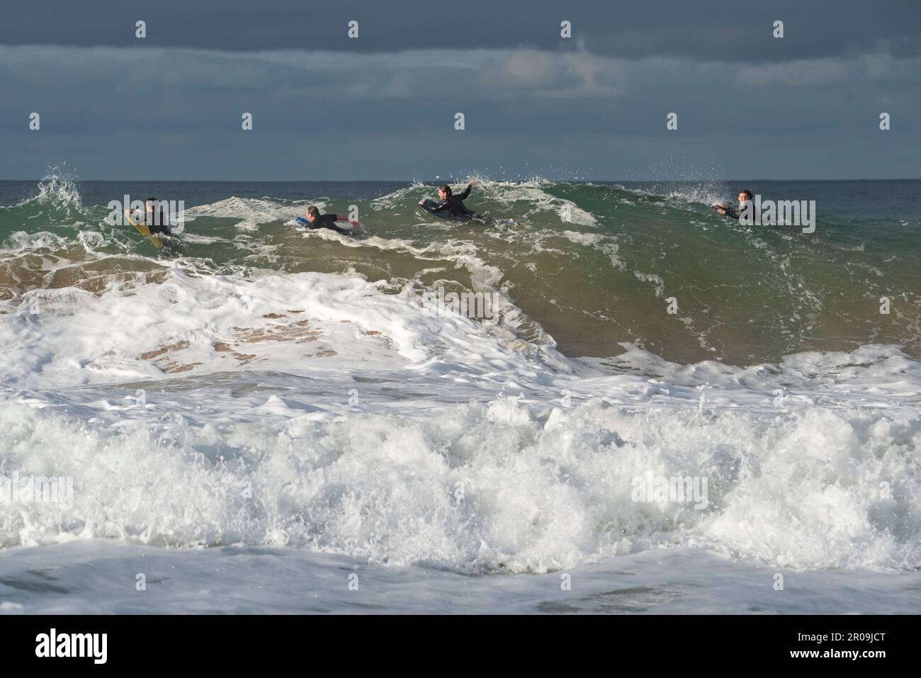 Surfers braving the waves at Knight's Beach, South Australia Stock ...