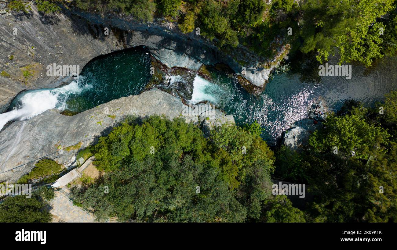 Top view of the waterfall with drone. Waterfall flowing in the forest ...