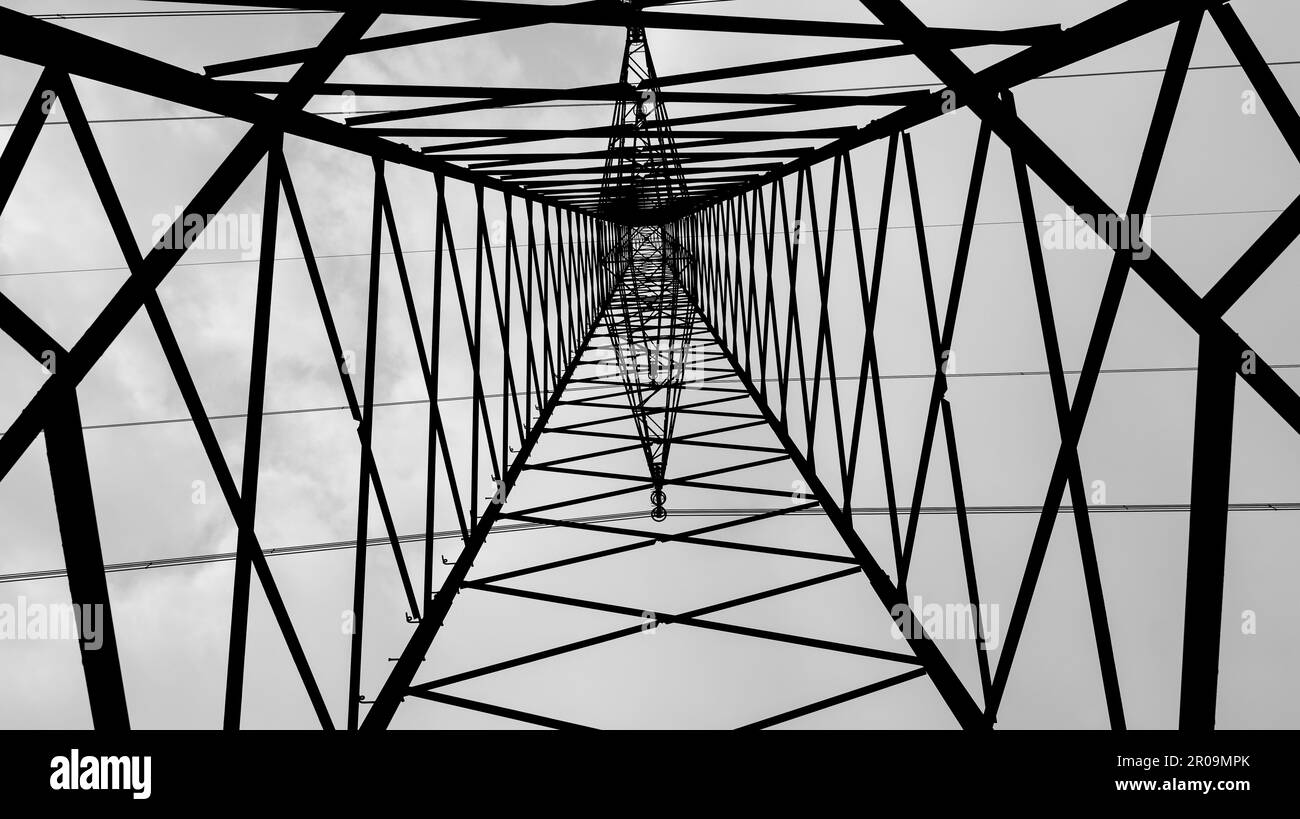 electricity line.Pylon of the electricity power line.Inside view.High ...
