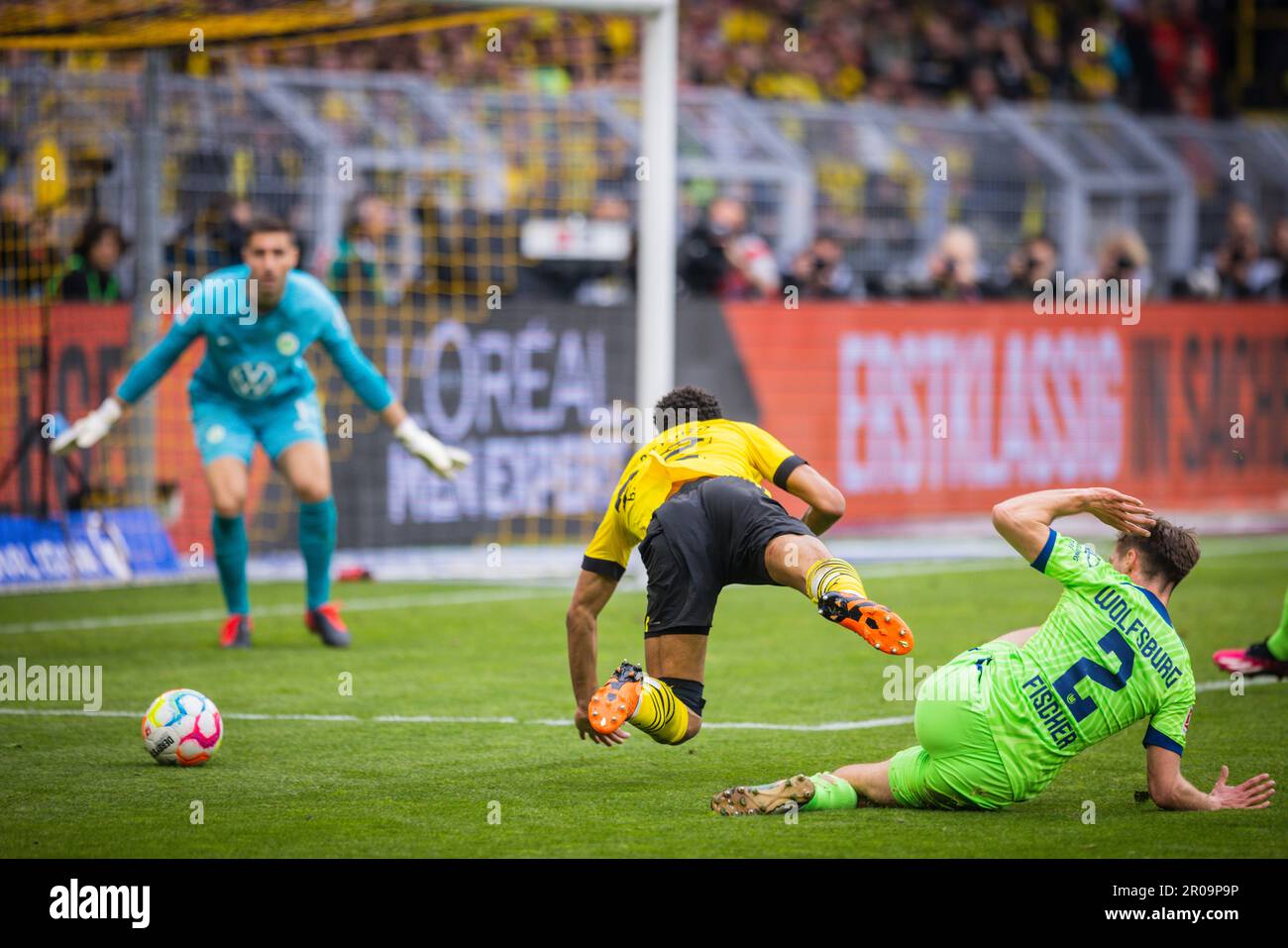 Dortmund, Germany. 07th Mai, 2023. Kilian Fischer (WOB) foult Jude ...