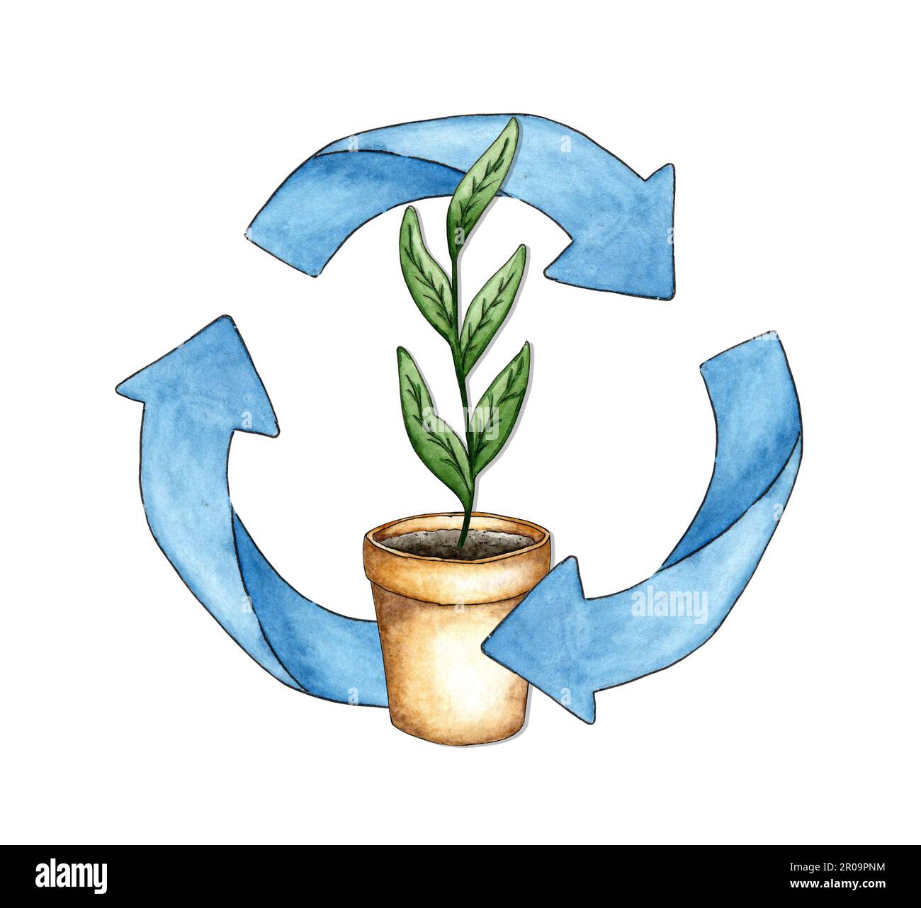 Waste recycling watercolor sign from a blue circle and a plant in a pot ...