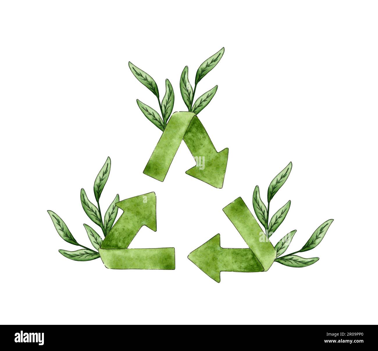 Watercolor illustration of a green recycle sign with plant twigs. Reuse ...