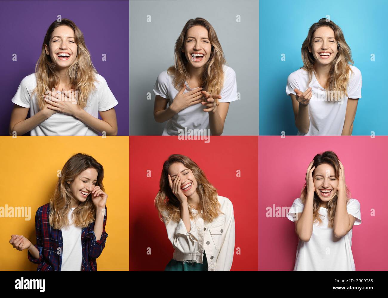 Collage with photos of beautiful woman laughing on different color backgrounds Stock Photo - Alamy