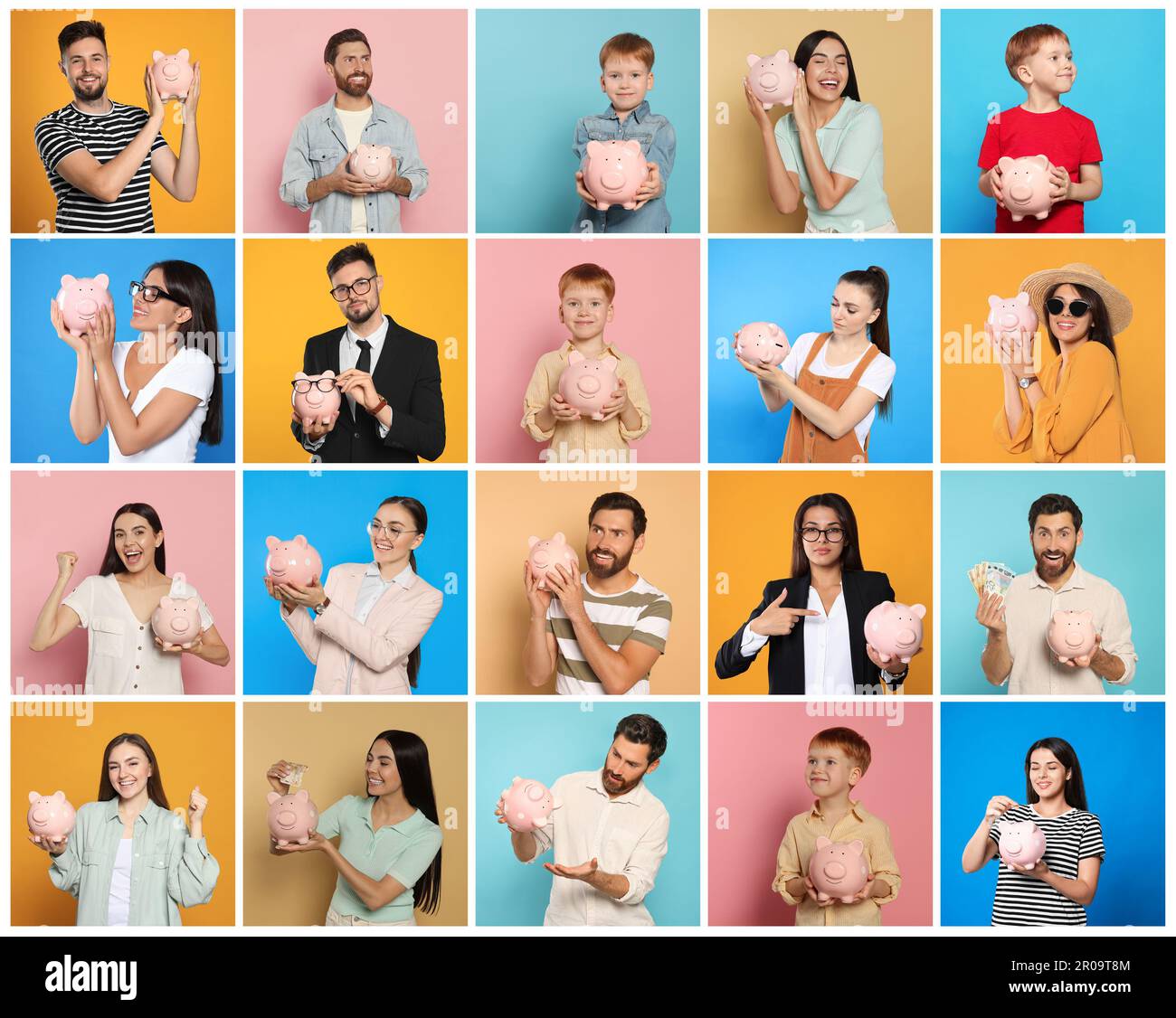 Collage with photos of people holding ceramic piggy banks on different color backgrounds Stock ...