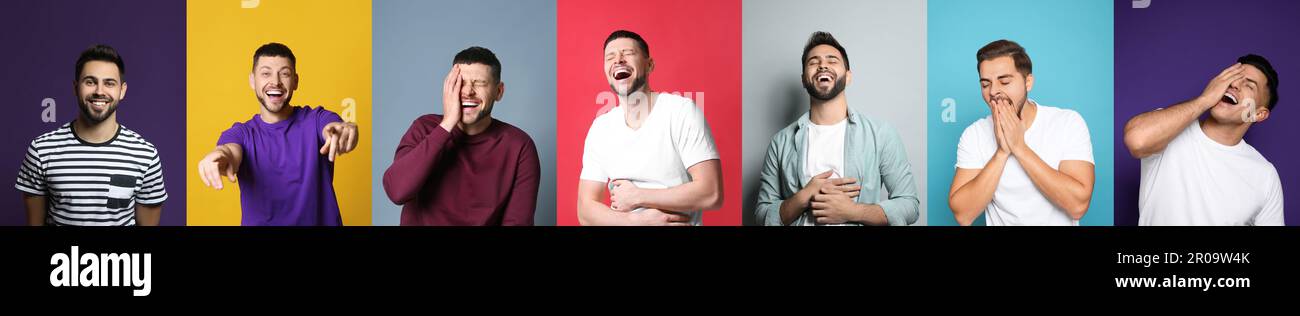 Collage with photos of handsome men laughing on different color ...