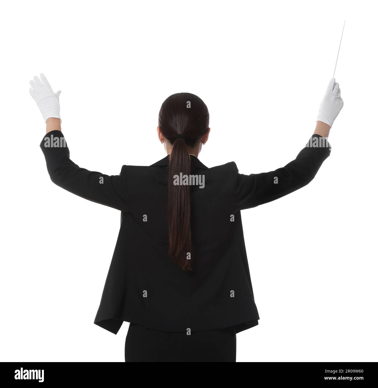 Professional conductor with baton on white background, back view Stock ...