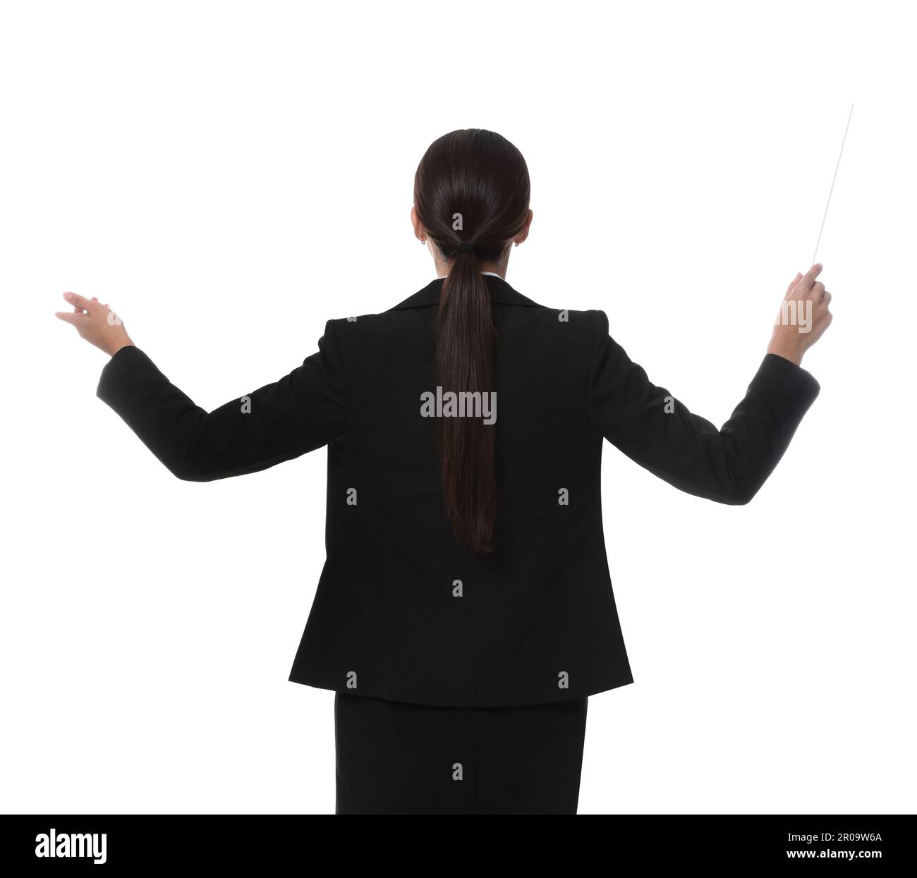 Professional conductor with baton on white background, back view Stock ...