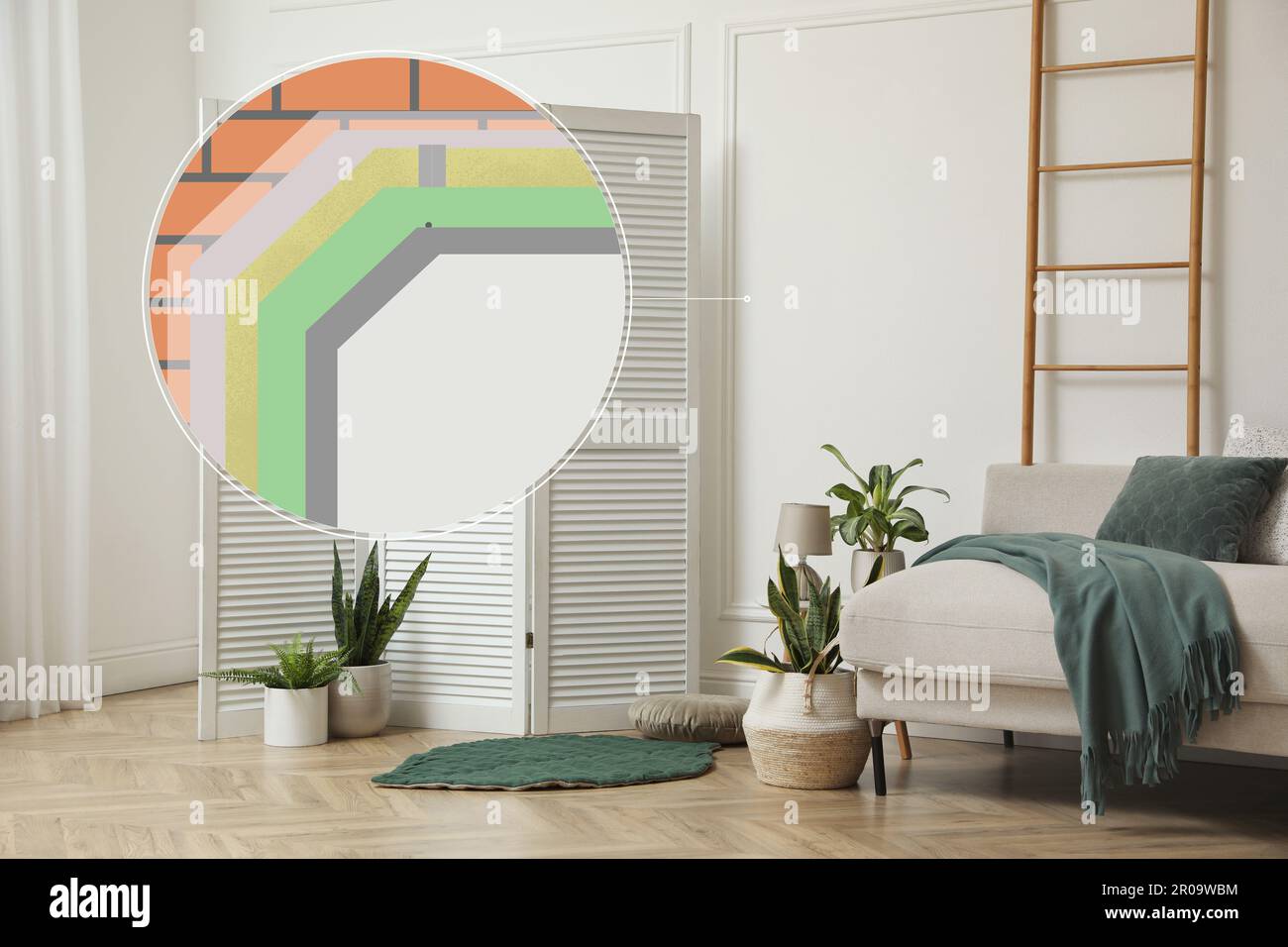 Layered scheme of wall insulation and stylish room interior Stock Photo ...