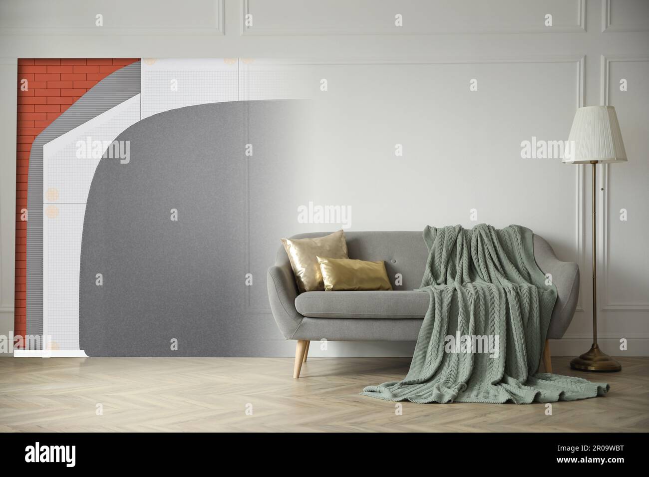 Layered scheme of wall insulation and stylish room interior Stock Photo ...