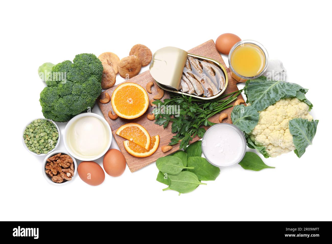 Set of natural food high in calcium on white background, top view Stock ...