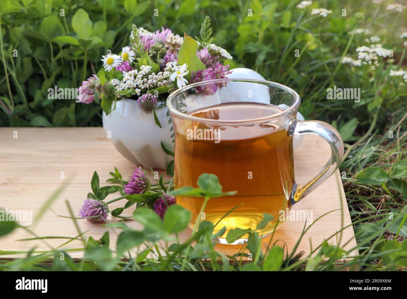 Cup of aromatic herbal tea, pestle and ceramic mortar with different ...
