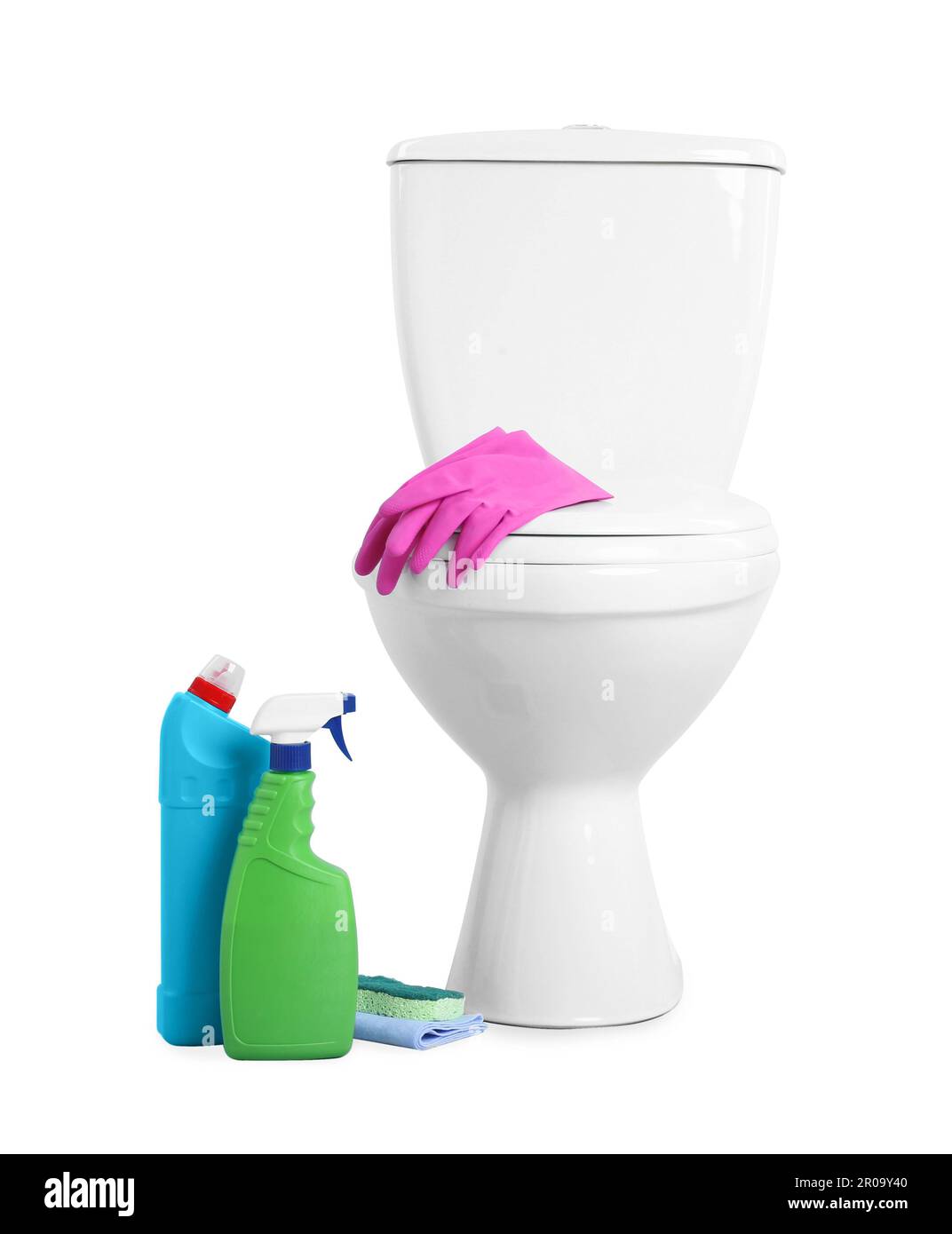 Toilet bowl and cleaning supplies on white background Stock Photo - Alamy