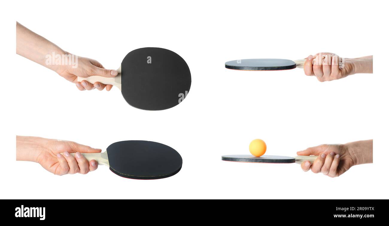 Collage with photos of women holding ping pong rackets and balls on ...