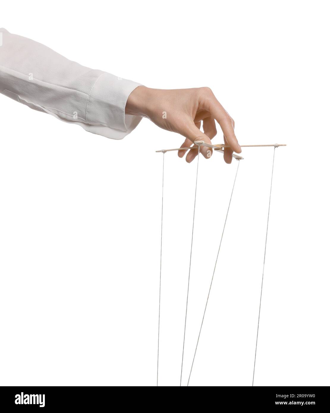 Woman pulling strings of puppet on white background, closeup Stock ...