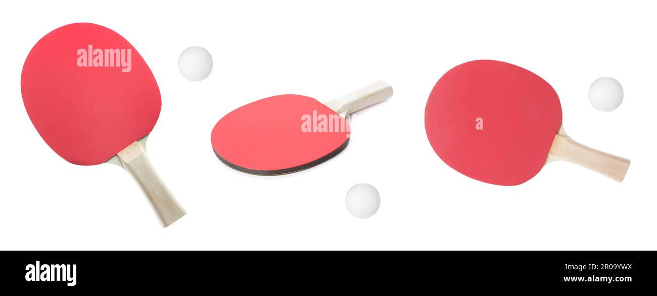 Set with ping pong rackets and balls on white background. Banner design ...