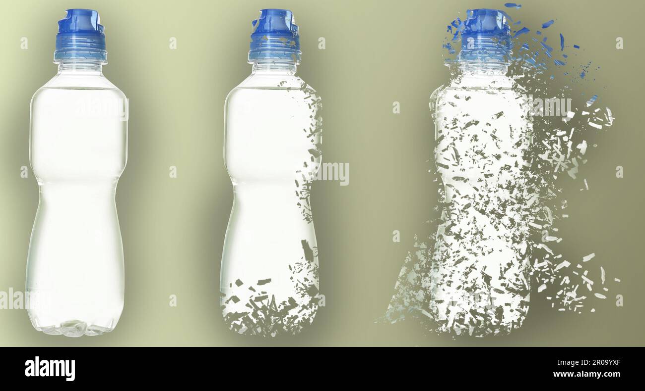 Set with bottles of water vanishing on color background. Decomposition ...