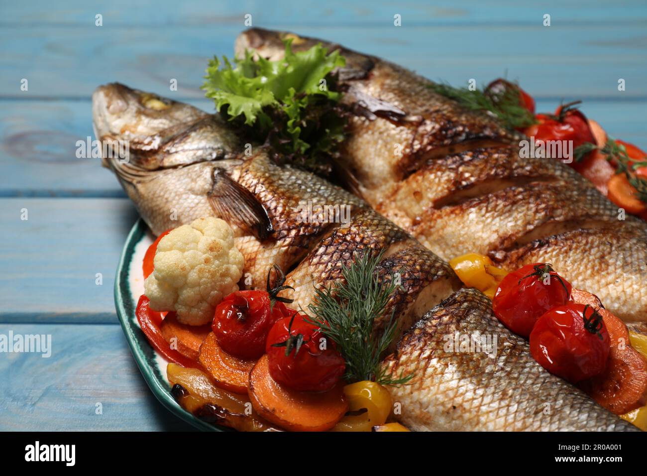 Plate with delicious roasted sea bass fish and vegetables on light blue ...