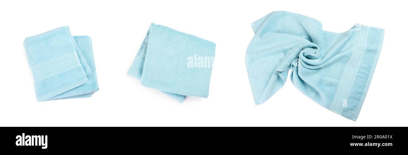 Set with soft terry towels on white background, top view. Banner design ...