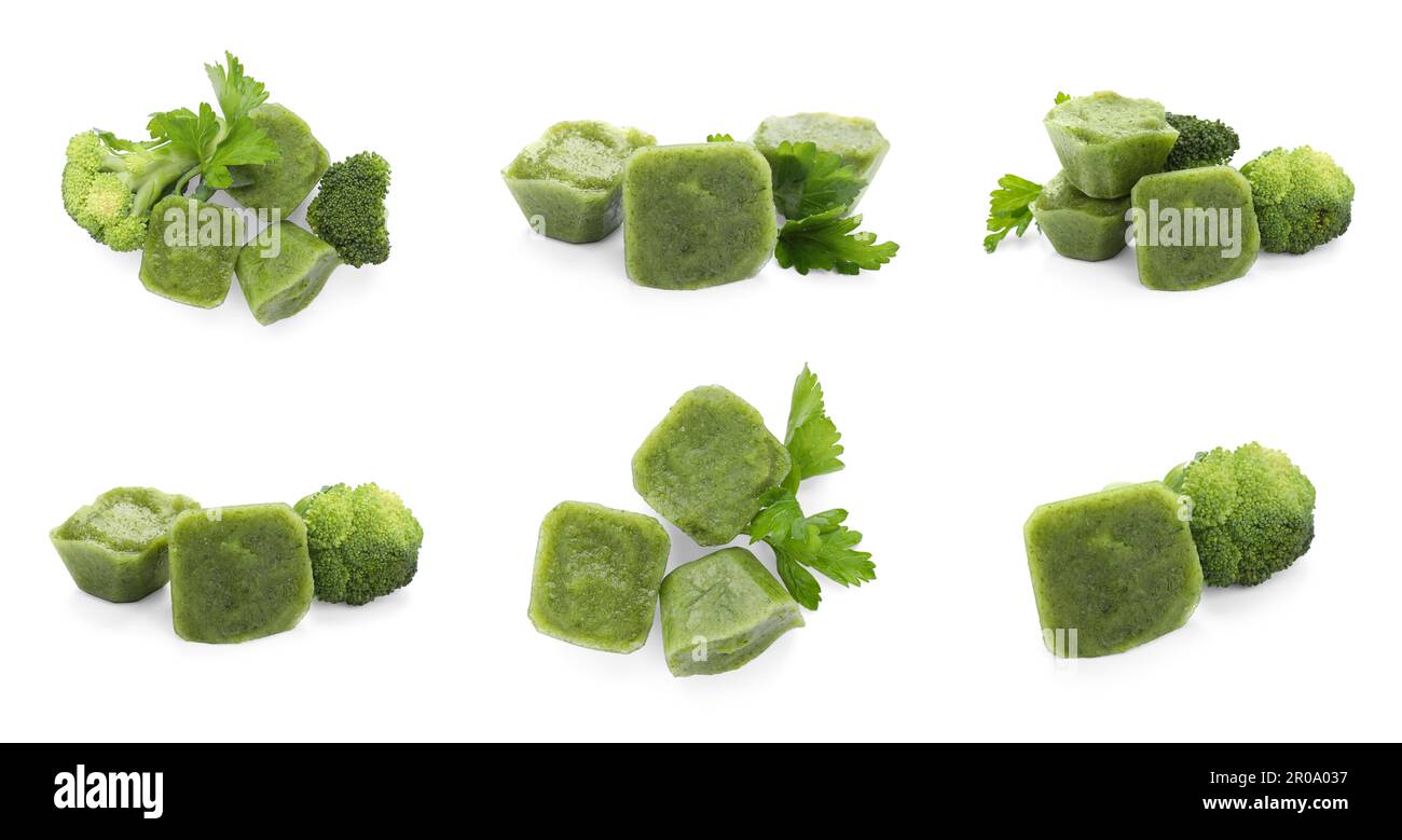 Set with frozen puree cubes and ingredients on white background, banner ...