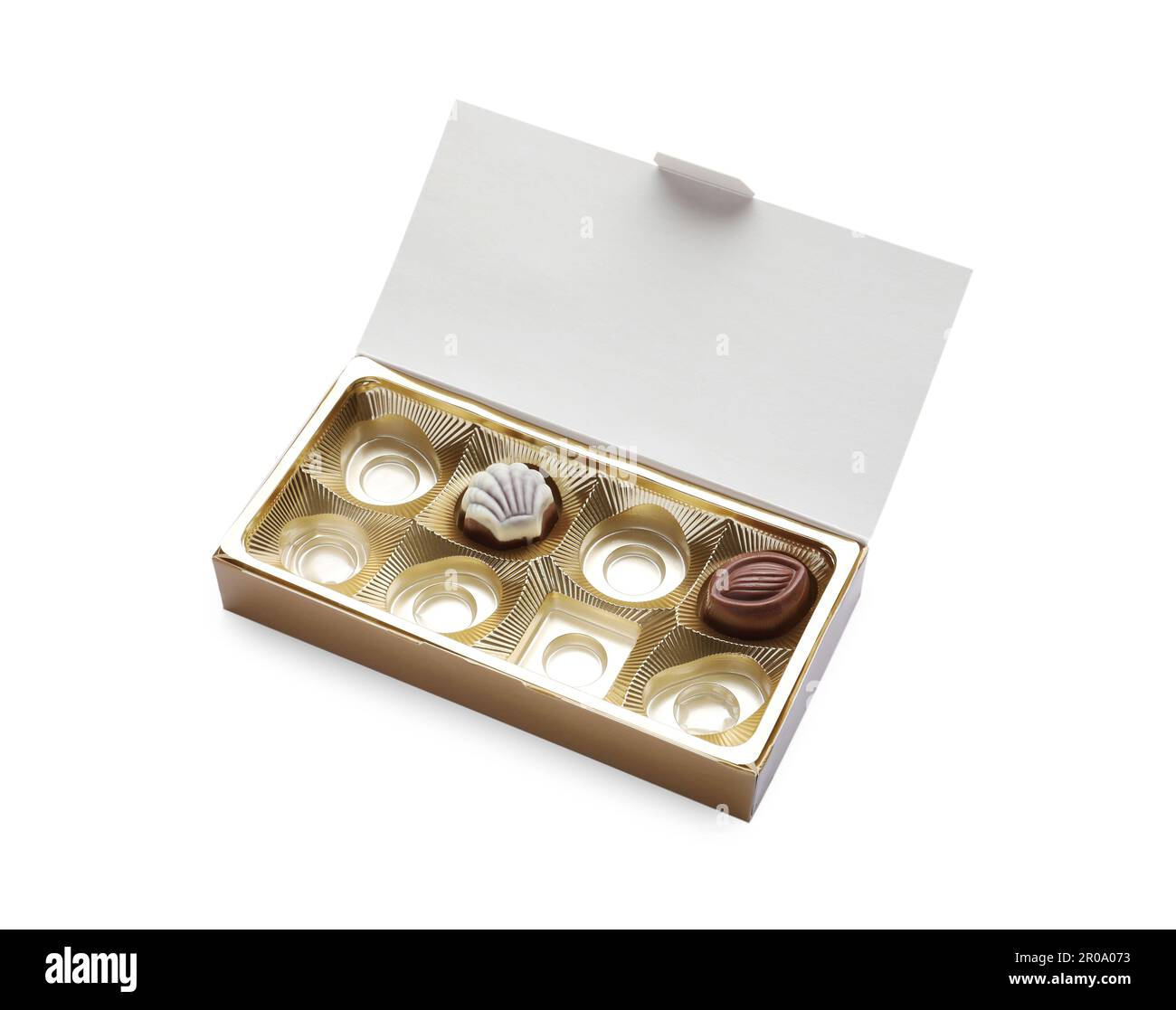 Partially empty box of chocolate candies isolated on white Stock Photo ...