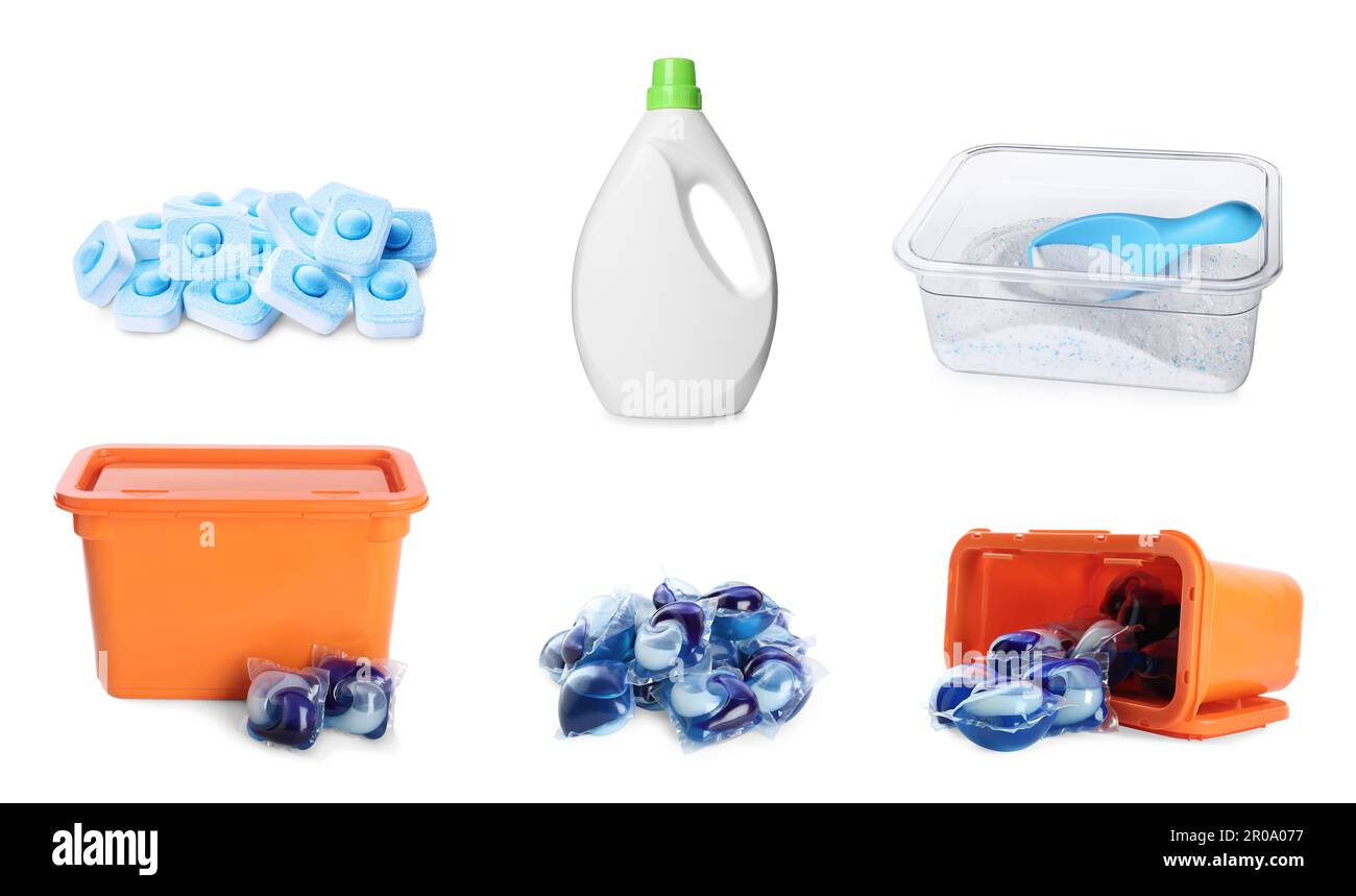 Set with different laundry products on white background Stock Photo - Alamy