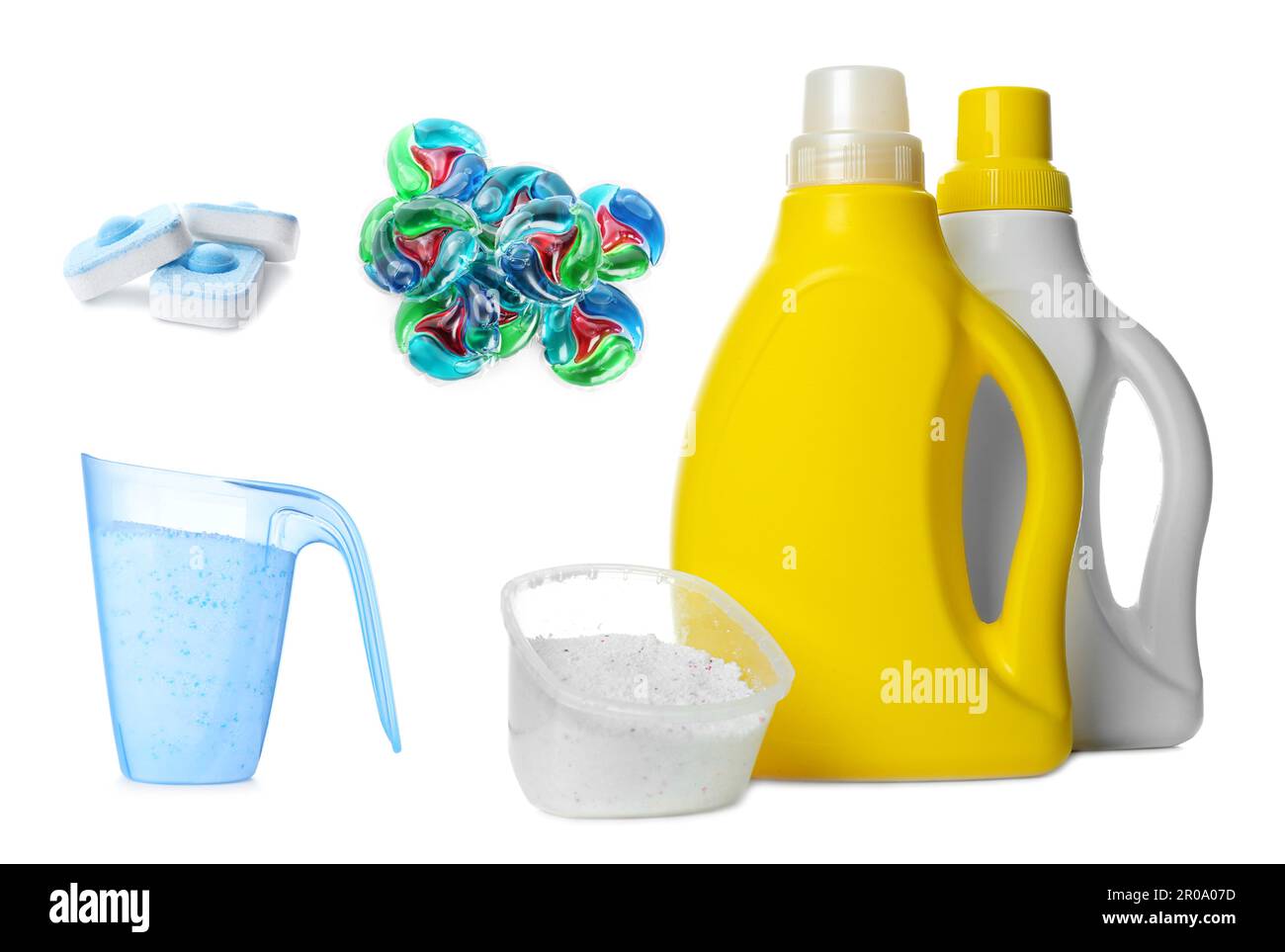 Set with different laundry products on white background Stock Photo - Alamy