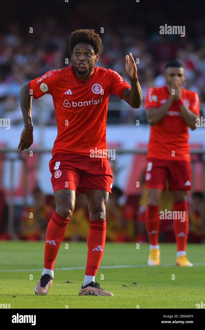 SAO PAULO,BRAZIL - MAY 7: Luiz Adriano of Internacional reacts during a ...