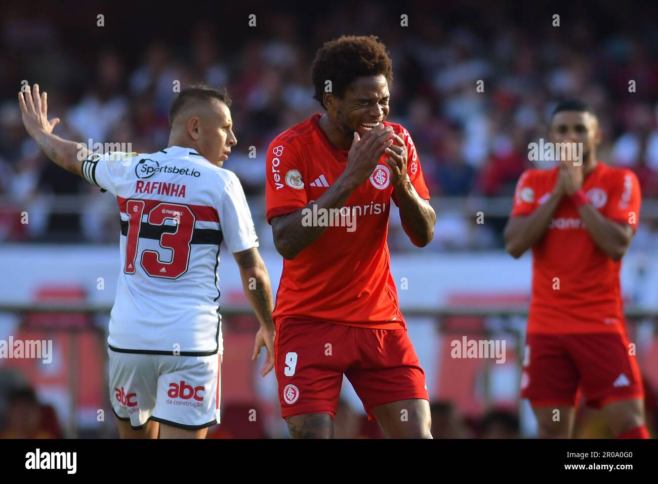 SAO PAULO,BRAZIL - MAY 7: Luiz Adriano of Internacional reacts during a ...