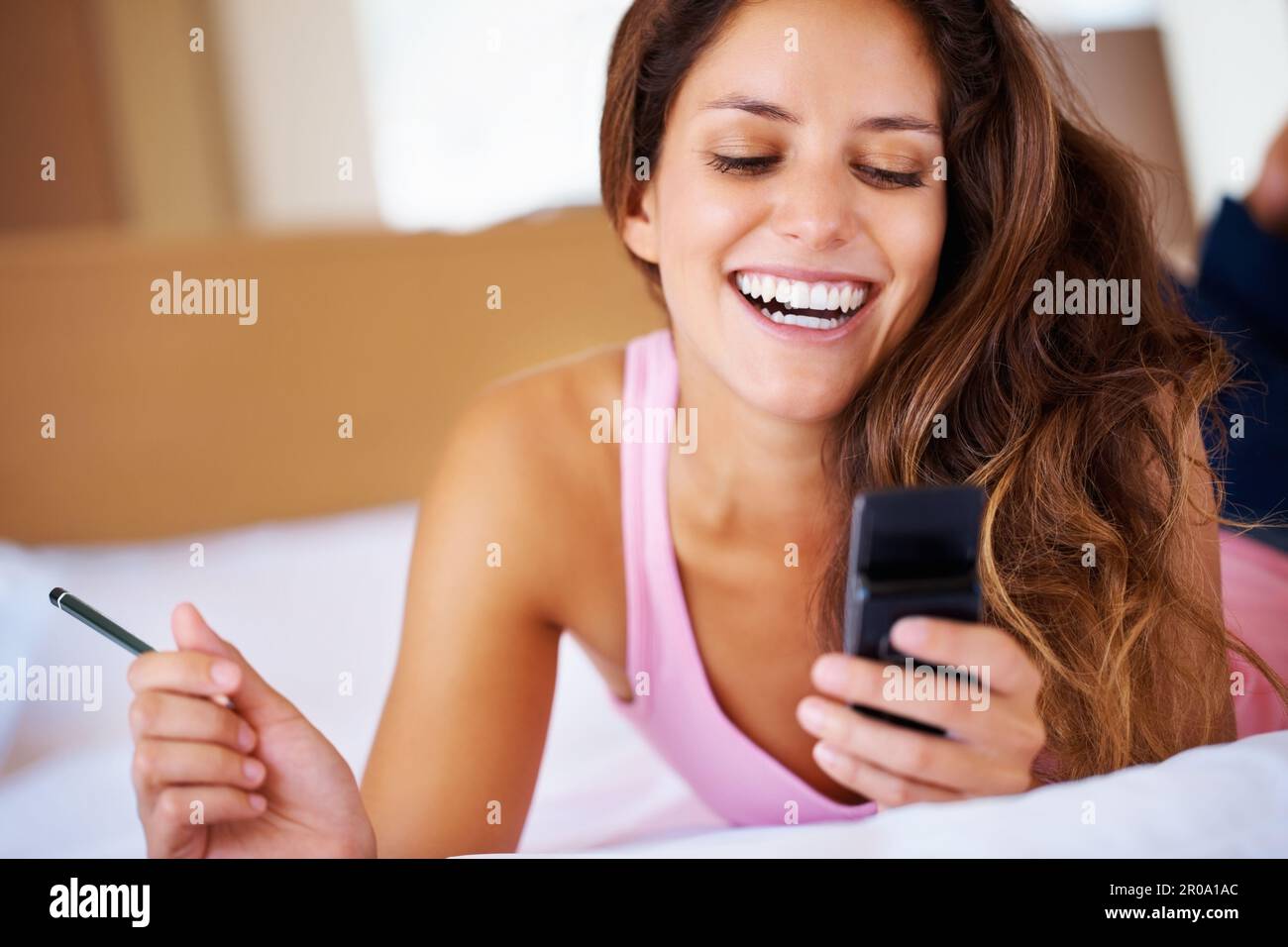 Beautiful Woman Reading Text Message Beautiful Woman Lying In Bed And