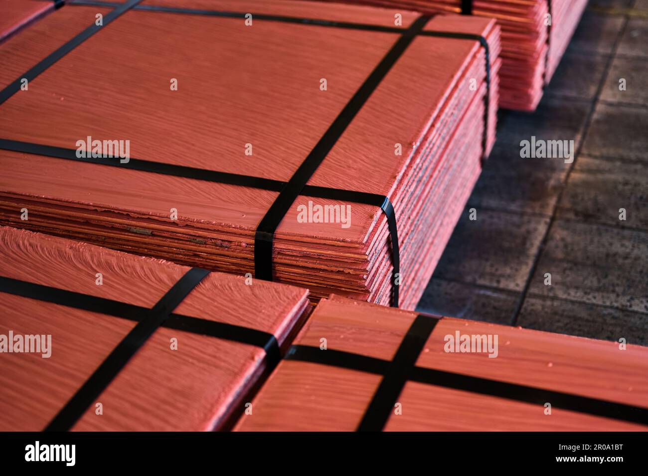 Piles of cathode copper plates at metal purification plant Stock Photo ...