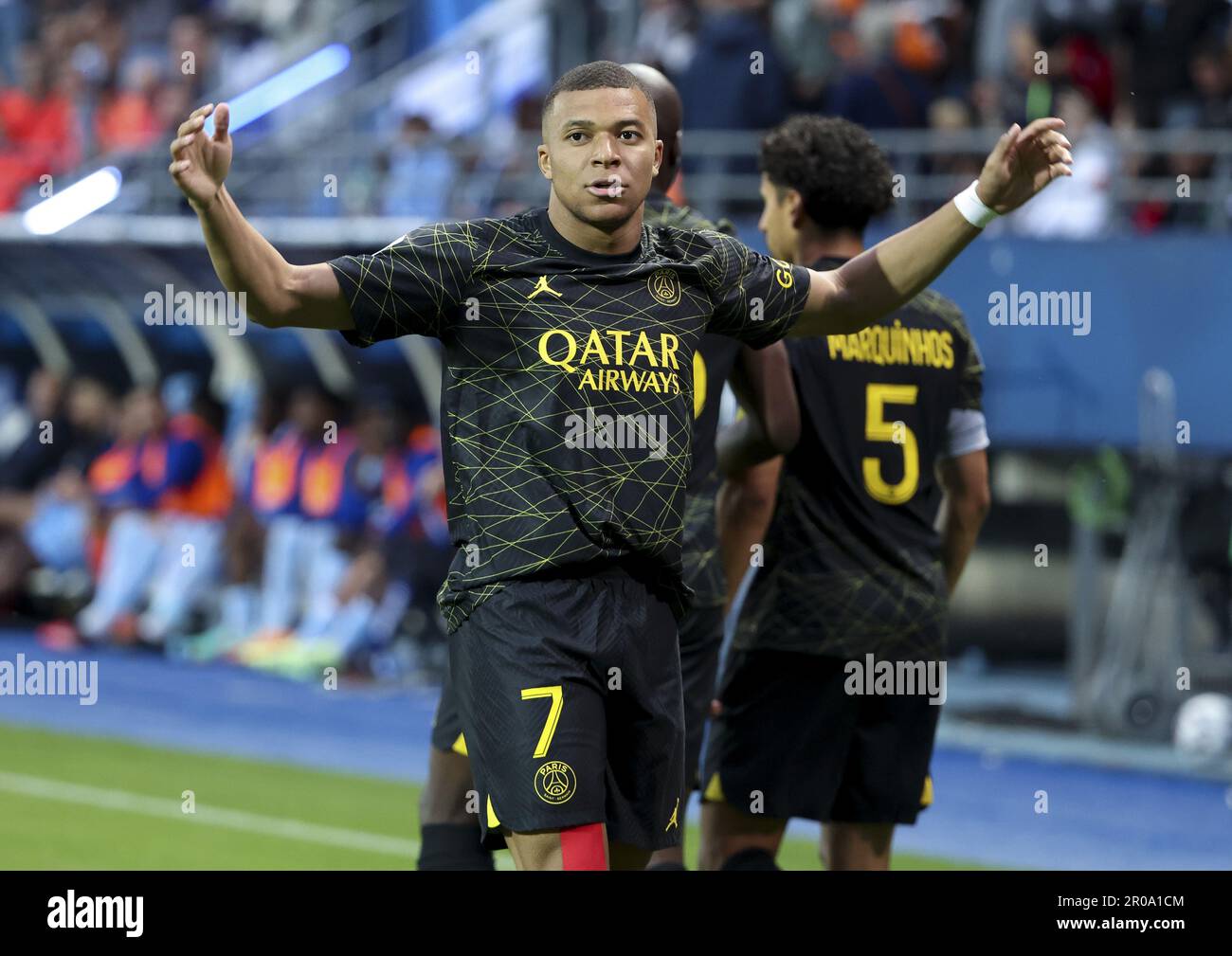 Kylian Mbappe of PSG celebrates his goal during the French championship ...
