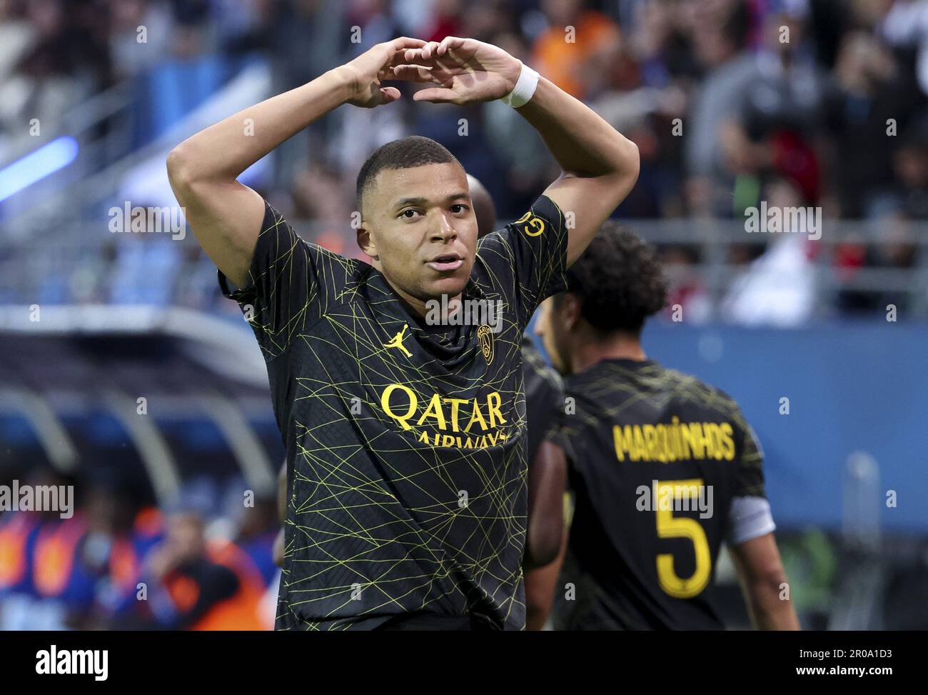 Kylian Mbappe of PSG celebrates his goal during the French championship ...
