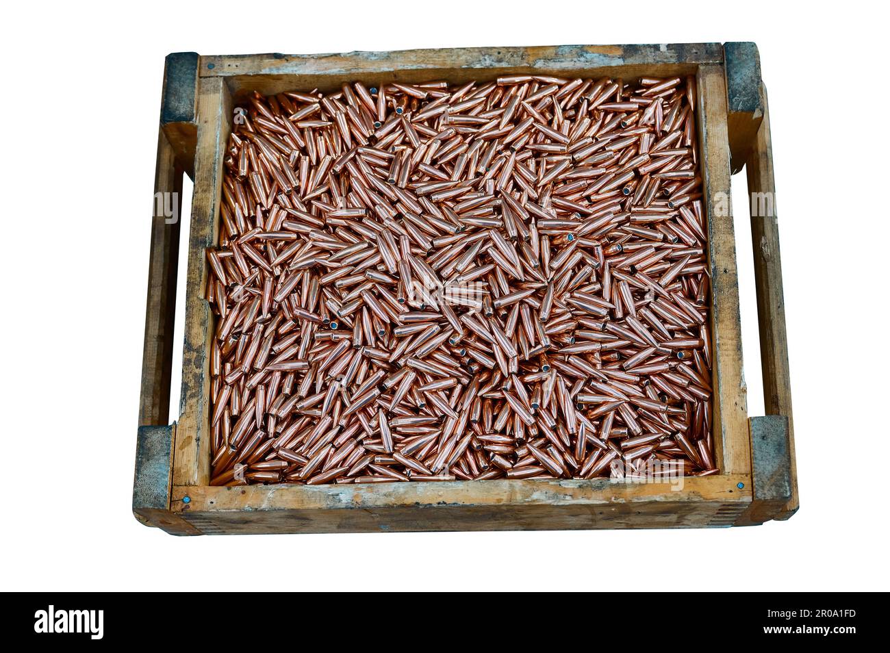 Old wooden crate with large caliber brass bullets on white Stock Photo ...