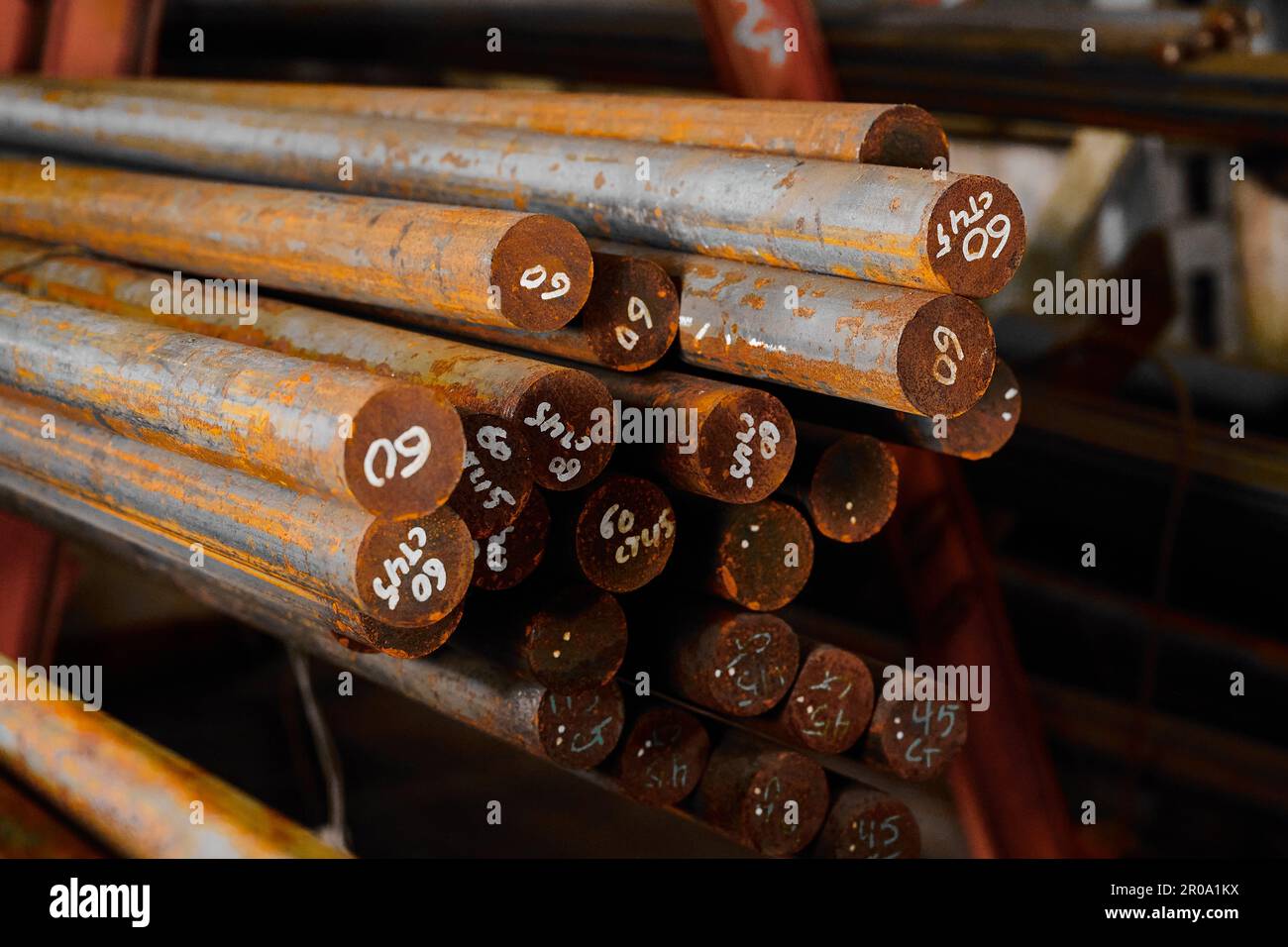 Round steel section rolling profile with marking in storage Stock Photo ...