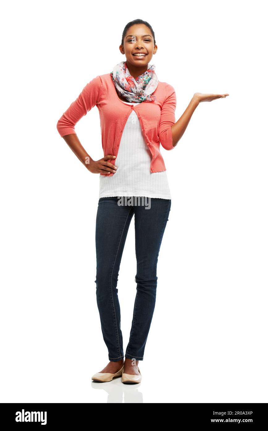 Proudly presenting a product. Full body portrait of a pretty young ...