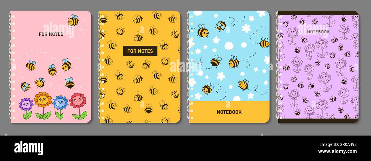 Bee honey characters and flowers notebook, retro trendy notepad cover ...
