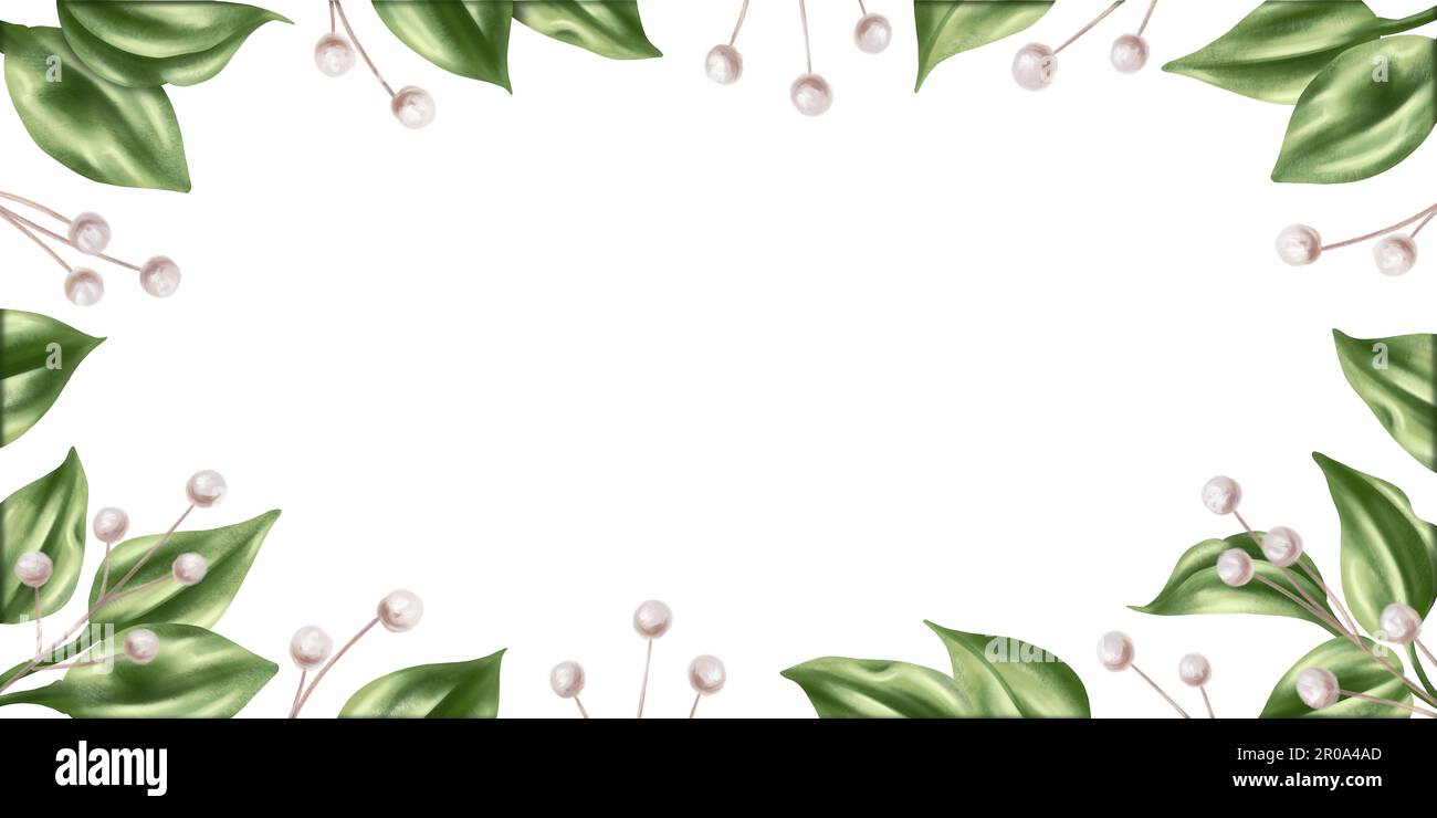 Horizontal flower frame with dry stems and rose leaves in watercolor ...
