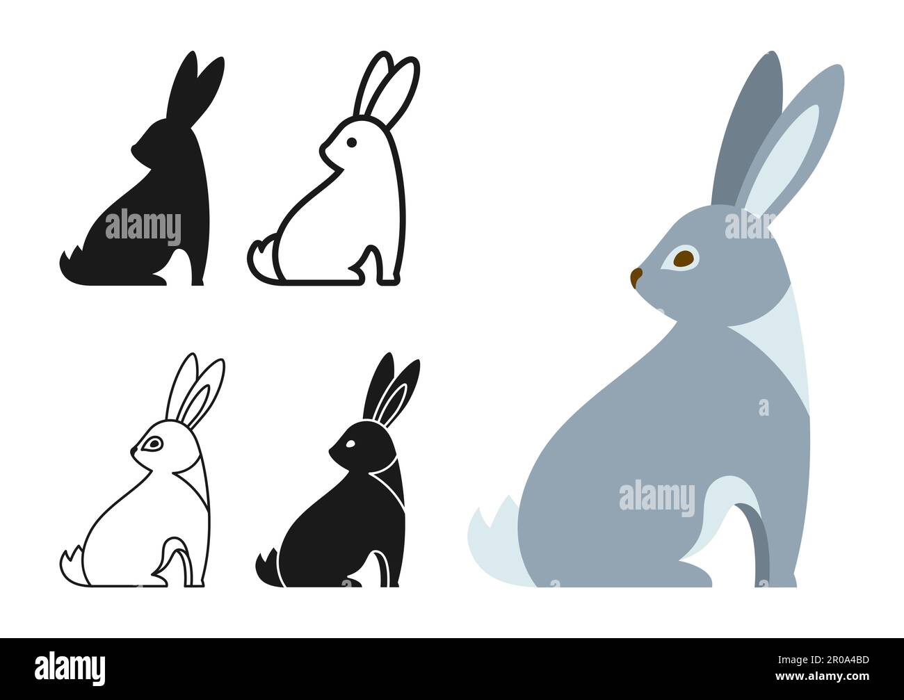 Hare or Bunny wild animal cartoon style set. Cute rabbit symbol, line ...