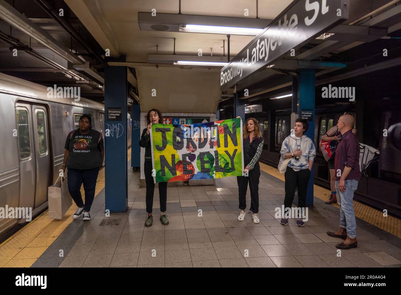 New York, USA. 06th May, 2023. Protesters hold "Jordan Neely" banner at ...